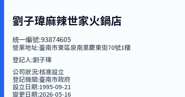 劉子瑋麻辣世家火鍋店的照片-統編 93874605(臺南市) 公司登記資料與營業項目詳細圖表