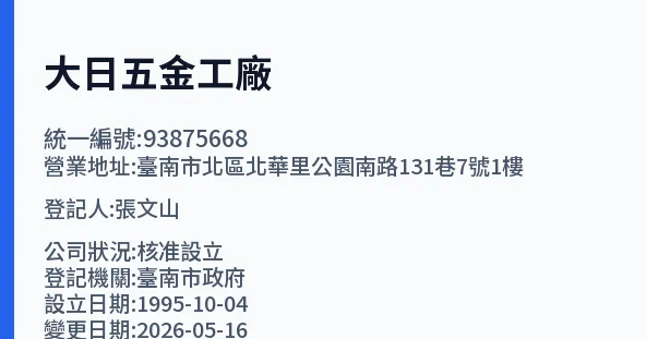 大日五金工廠的照片-統編 93875668(臺南市) 公司登記資料與營業項目詳細圖表