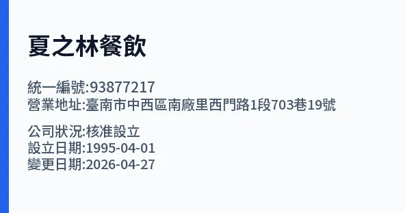 夏之林餐飲的照片-統編 93877217(臺南市) 公司登記資料與營業項目詳細圖表