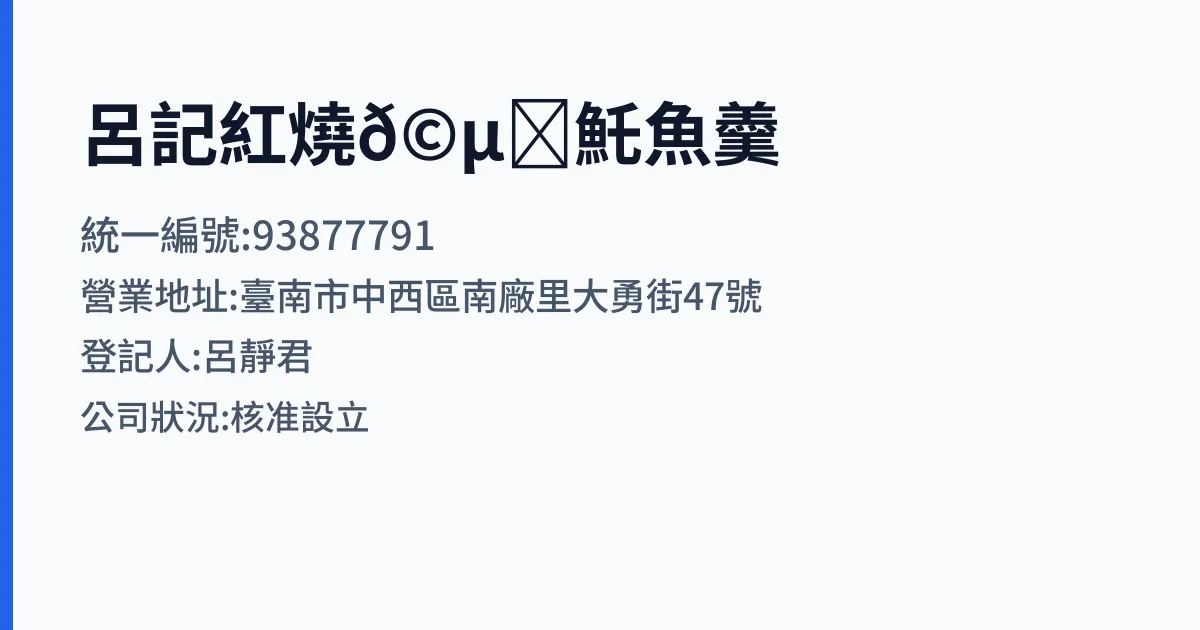 呂記紅燒𩵚魠魚羹 - 統編 93877791(臺南市) 公司登記資料與營業項目詳細圖表