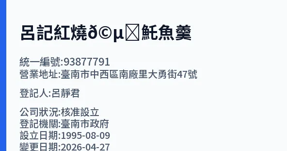 呂記紅燒𩵚魠魚羹的照片-統編 93877791(臺南市) 公司登記資料與營業項目詳細圖表