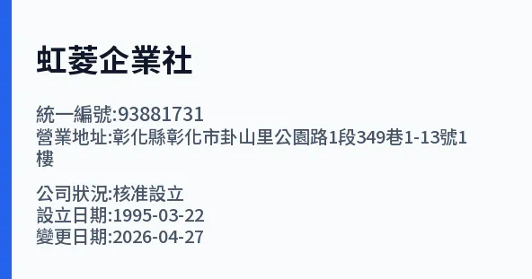 虹菱企業社的照片-統編 93881731(彰化縣) 公司登記資料與營業項目詳細圖表