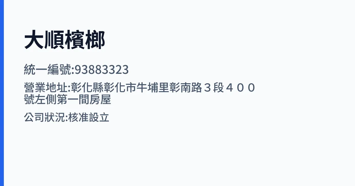 大順檳榔 - 統編 93883323(彰化縣) 公司登記資料與營業項目詳細圖表