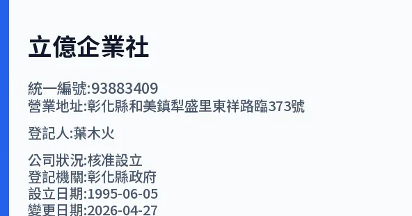 立億企業社的照片-統編 93883409(彰化縣) 公司登記資料與營業項目詳細圖表