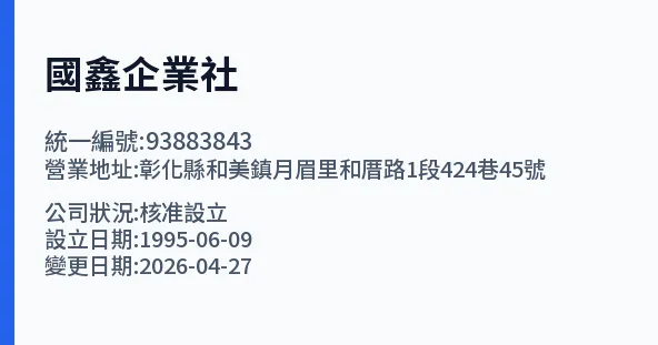 國鑫企業社的照片-統編 93883843(彰化縣) 公司登記資料與營業項目詳細圖表