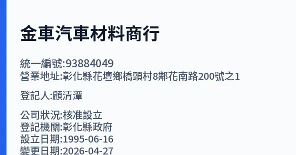 金車汽車材料商行的照片-統編 93884049(彰化縣) 公司登記資料與營業項目詳細圖表
