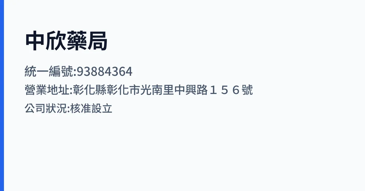 中欣藥局 - 統編 93884364(彰化縣) 公司登記資料與營業項目詳細圖表