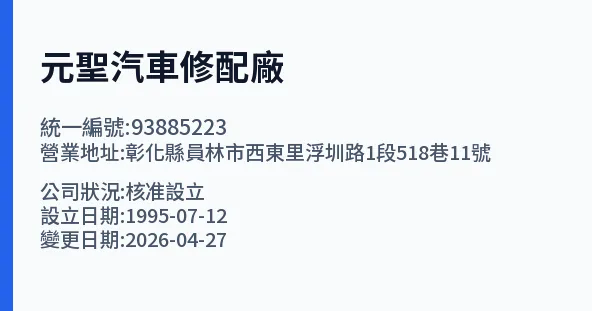 元聖汽車修配廠的照片-統編 93885223(彰化縣) 公司登記資料與營業項目詳細圖表