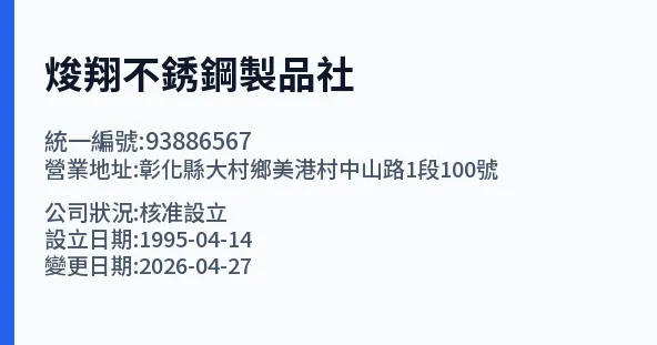 焌翔不銹鋼製品社的照片-統編 93886567(彰化縣) 公司登記資料與營業項目詳細圖表