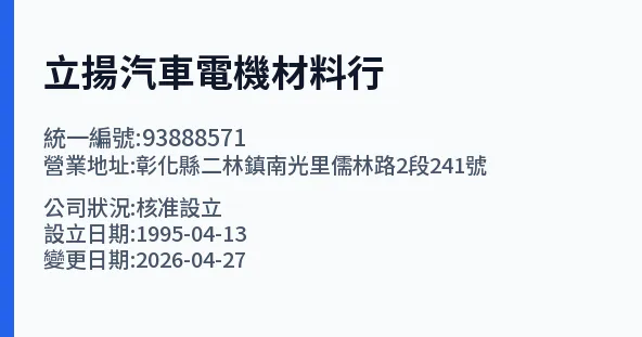 立揚汽車電機材料行的照片-統編 93888571(彰化縣) 公司登記資料與營業項目詳細圖表