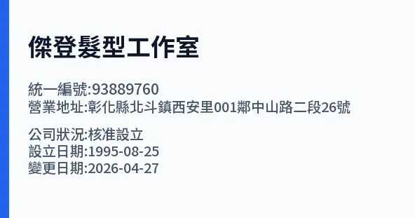 傑登髮型工作室的照片-統編 93889760(彰化縣) 公司登記資料與營業項目詳細圖表