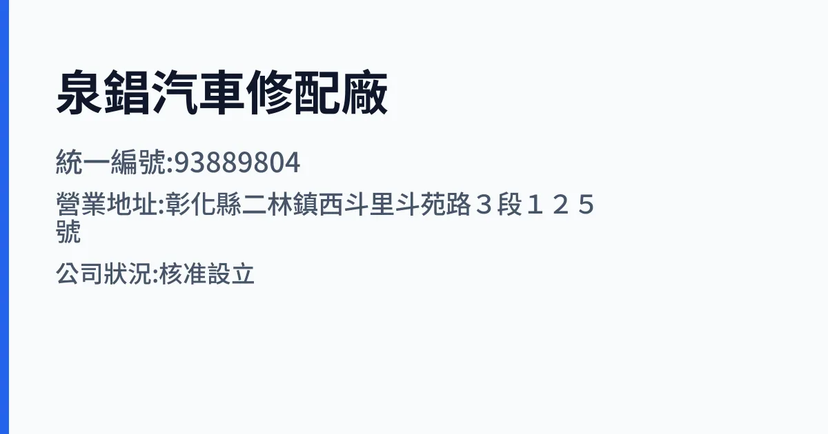 泉錩汽車修配廠 - 統編 93889804(彰化縣) 公司登記資料與營業項目詳細圖表