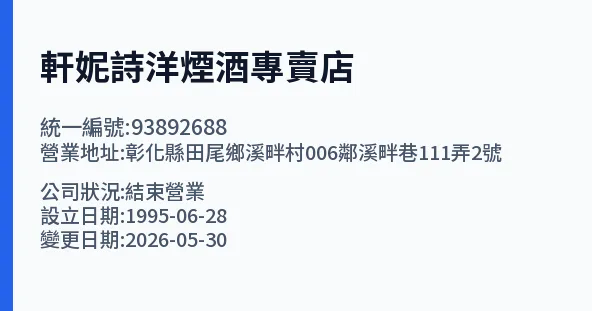 軒妮詩洋煙酒專賣店的照片-統編 93892688(彰化縣) 公司登記資料與營業項目詳細圖表