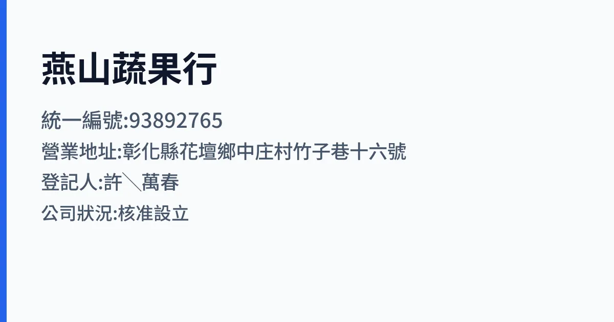 燕山蔬果行 - 統編 93892765(彰化縣) 公司登記資料與營業項目詳細圖表