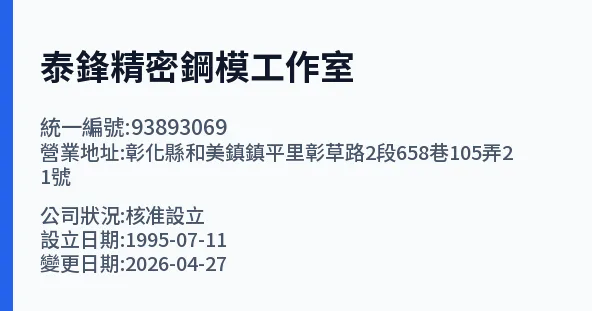 泰鋒精密鋼模工作室的照片-統編 93893069(彰化縣) 公司登記資料與營業項目詳細圖表