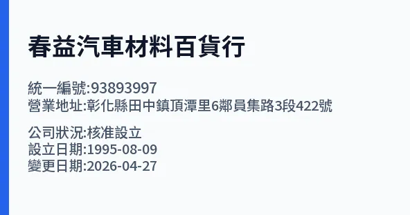 春益汽車材料百貨行的照片-統編 93893997(彰化縣) 公司登記資料與營業項目詳細圖表
