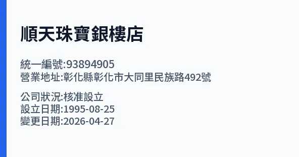 順天珠寶銀樓店的照片-統編 93894905(彰化縣) 公司登記資料與營業項目詳細圖表