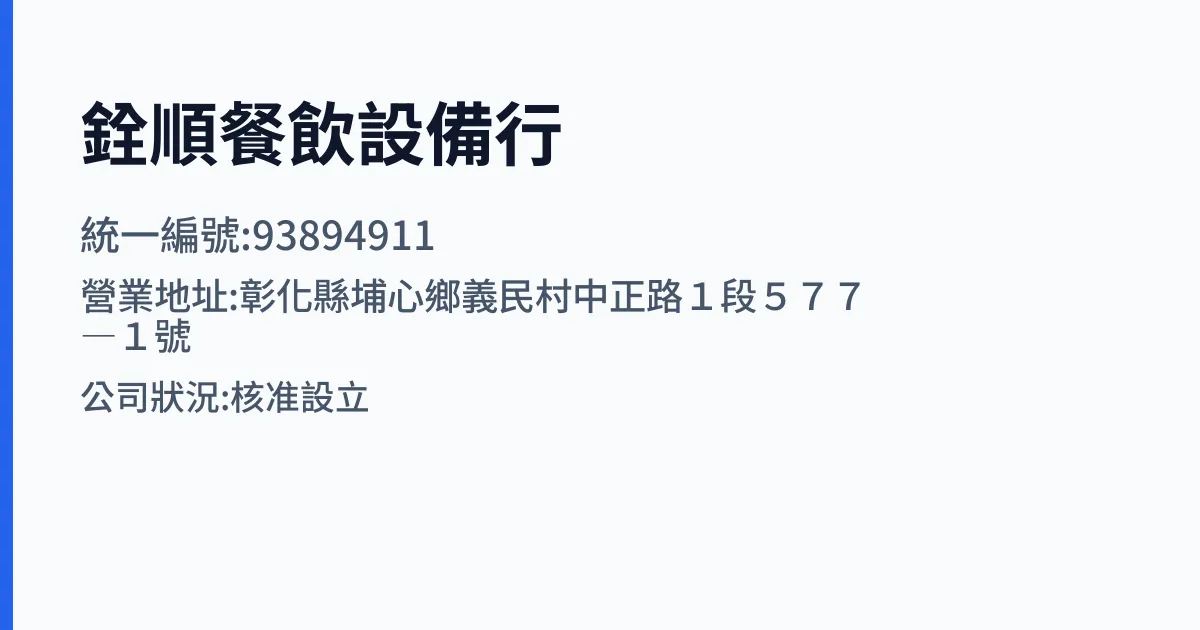 銓順餐飲設備行 - 統編 93894911(彰化縣) 公司登記資料與營業項目詳細圖表
