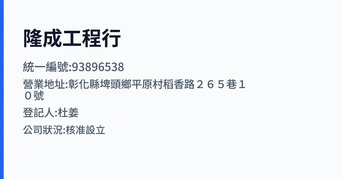 隆成工程行 - 統編 93896538(彰化縣) 公司登記資料與營業項目詳細圖表