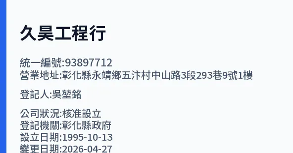久昊工程行的照片-統編 93897712(彰化縣) 公司登記資料與營業項目詳細圖表