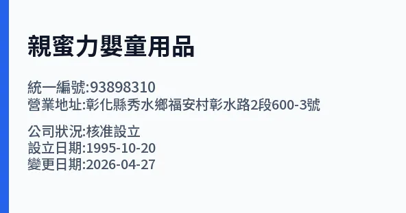 親蜜力嬰童用品的照片-統編 93898310(彰化縣) 公司登記資料與營業項目詳細圖表