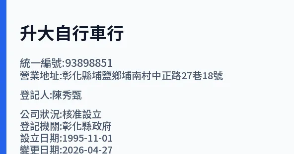 升大自行車行的照片-統編 93898851(彰化縣) 公司登記資料與營業項目詳細圖表