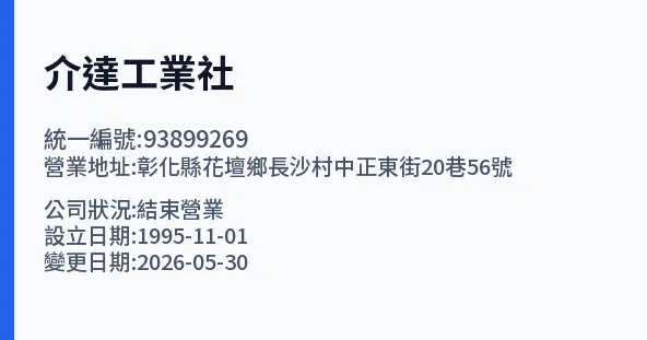 介達工業社的照片-統編 93899269(彰化縣) 公司登記資料與營業項目詳細圖表