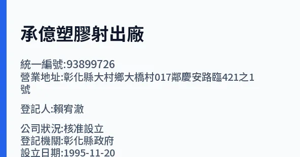 承億塑膠射出廠的照片-統編 93899726(彰化縣) 公司登記資料與營業項目詳細圖表