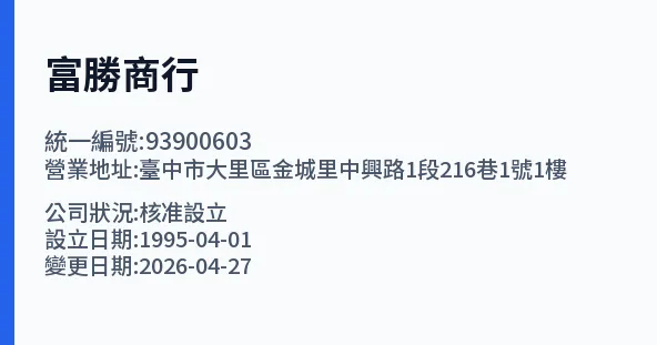 富勝商行的照片-統編 93900603(臺中市) 公司登記資料與營業項目詳細圖表