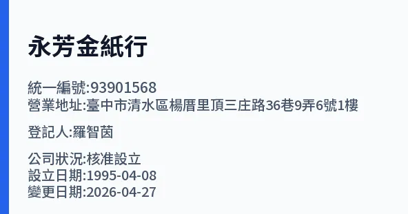 永芳金紙行的照片-統編 93901568(臺中市) 公司登記資料與營業項目詳細圖表