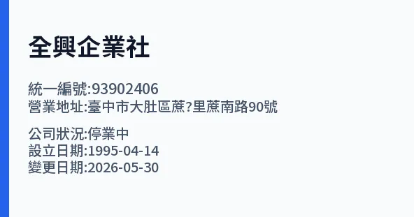 全興企業社的照片-統編 93902406(臺中市) 公司登記資料與營業項目詳細圖表