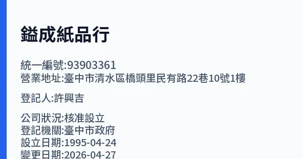 鎰成紙品行的照片-統編 93903361(臺中市) 公司登記資料與營業項目詳細圖表