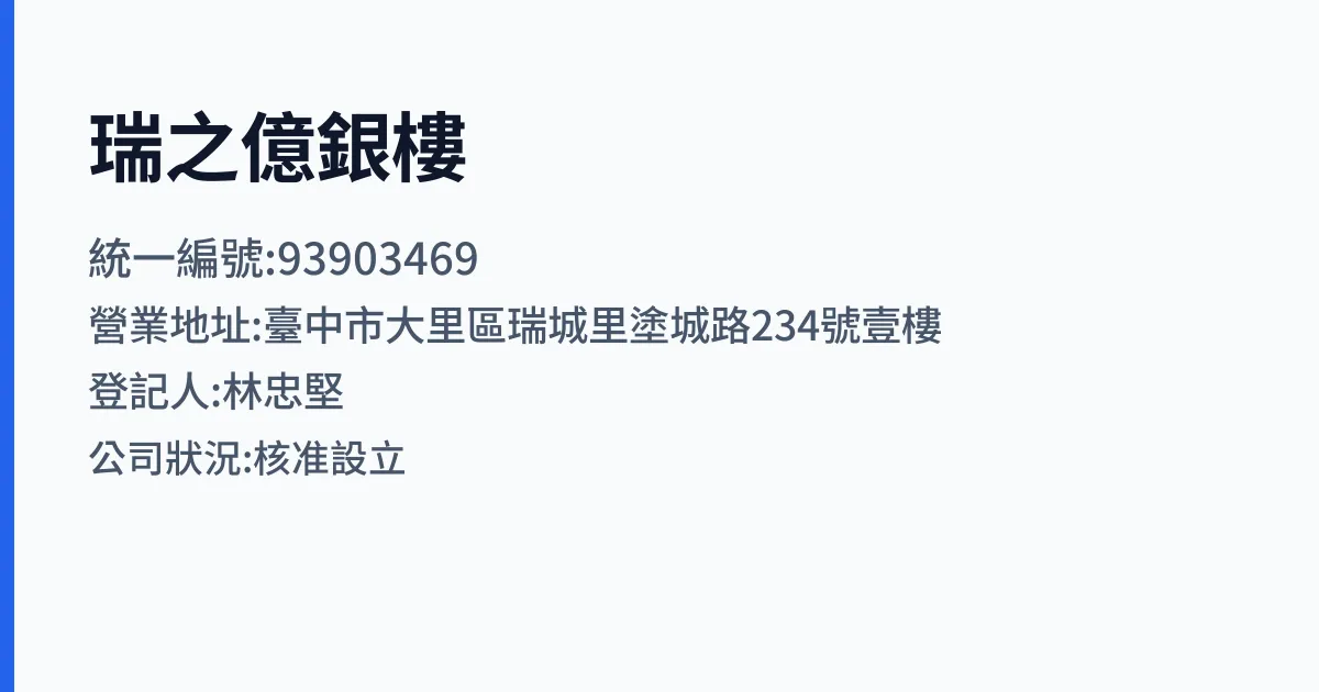 瑞之億銀樓 - 統編 93903469(臺中市) 公司登記資料與營業項目詳細圖表
