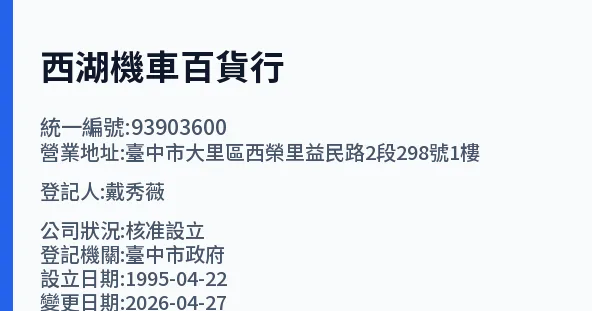 西湖機車百貨行的照片-統編 93903600(臺中市) 公司登記資料與營業項目詳細圖表