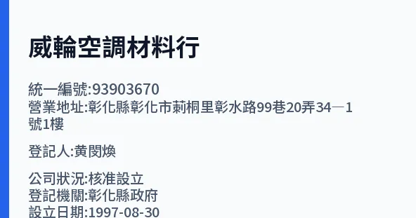 威輪空調材料行的照片-統編 93903670(彰化縣) 公司登記資料與營業項目詳細圖表