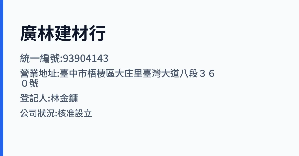 廣林建材行 - 統編 93904143(臺中市) 公司登記資料與營業項目詳細圖表