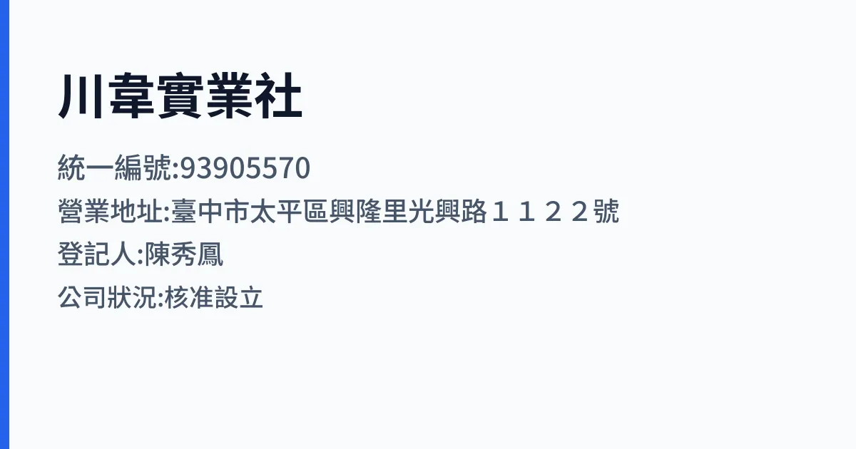 川韋實業社 - 統編 93905570(臺中市) 公司登記資料與營業項目詳細圖表