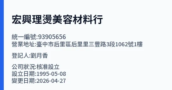 宏興理燙美容材料行的照片-統編 93905656(臺中市) 公司登記資料與營業項目詳細圖表