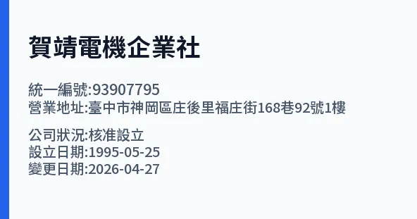 賀靖電機企業社的照片-統編 93907795(臺中市) 公司登記資料與營業項目詳細圖表