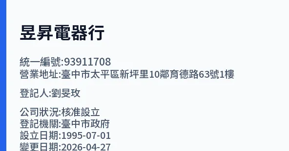 昱昇電器行的照片-統編 93911708(臺中市) 公司登記資料與營業項目詳細圖表