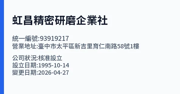 虹昌精密研磨企業社的照片-統編 93919217(臺中市) 公司登記資料與營業項目詳細圖表