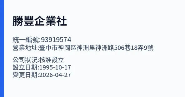 勝豐企業社的照片-統編 93919574(臺中市) 公司登記資料與營業項目詳細圖表
