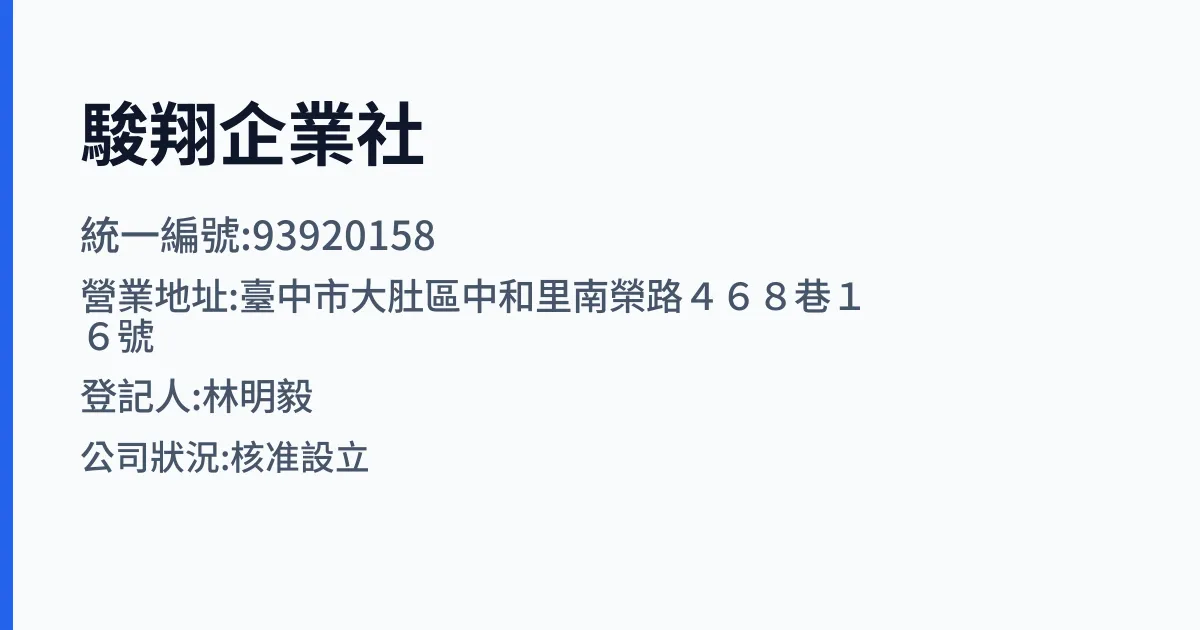 駿翔企業社 - 統編 93920158(臺中市) 公司登記資料與營業項目詳細圖表