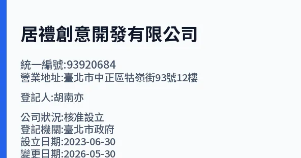 居禮創意開發有限公司的照片-統編 93920684(臺北市) 公司登記資料與營業項目詳細圖表
