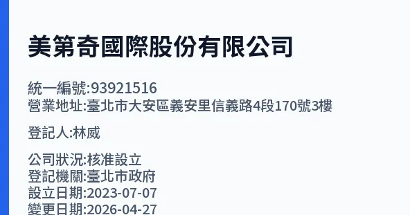 美第奇國際股份有限公司的照片-統編 93921516(臺北市) 公司登記資料與營業項目詳細圖表