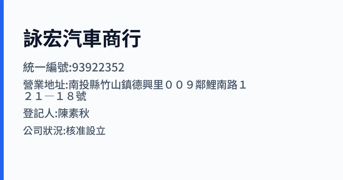 詠宏汽車商行 - 統編 93922352(南投縣) 公司登記資料與營業項目詳細圖表
