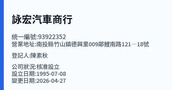詠宏汽車商行的照片-統編 93922352(南投縣) 公司登記資料與營業項目詳細圖表