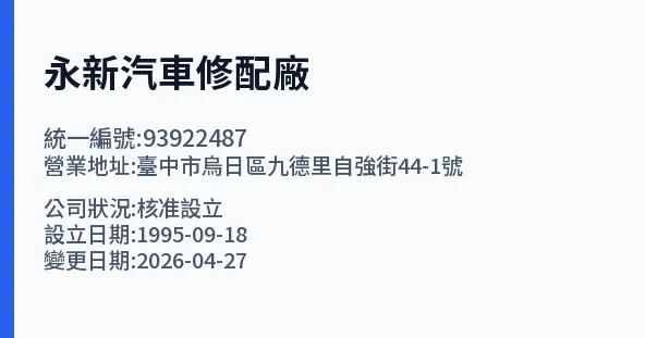 永新汽車修配廠的照片-統編 93922487(臺中市) 公司登記資料與營業項目詳細圖表