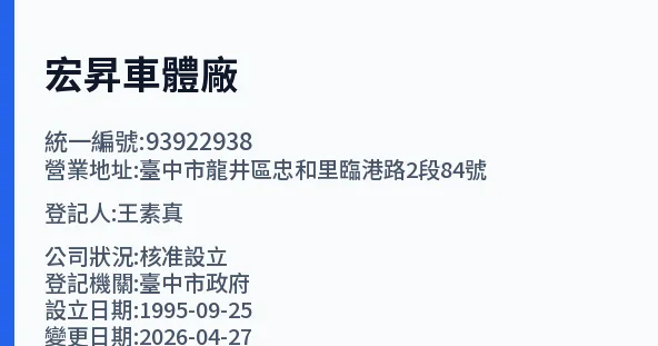 宏昇車體廠的照片-統編 93922938(臺中市) 公司登記資料與營業項目詳細圖表
