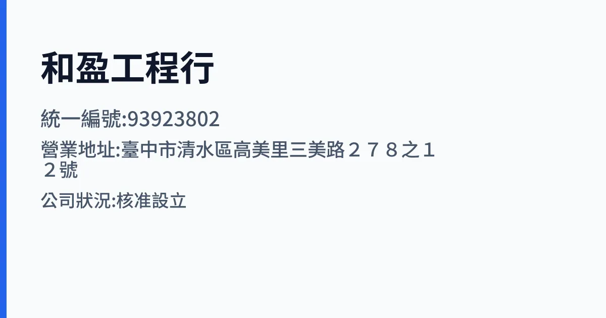 和盈工程行 - 統編 93923802(臺中市) 公司登記資料與營業項目詳細圖表